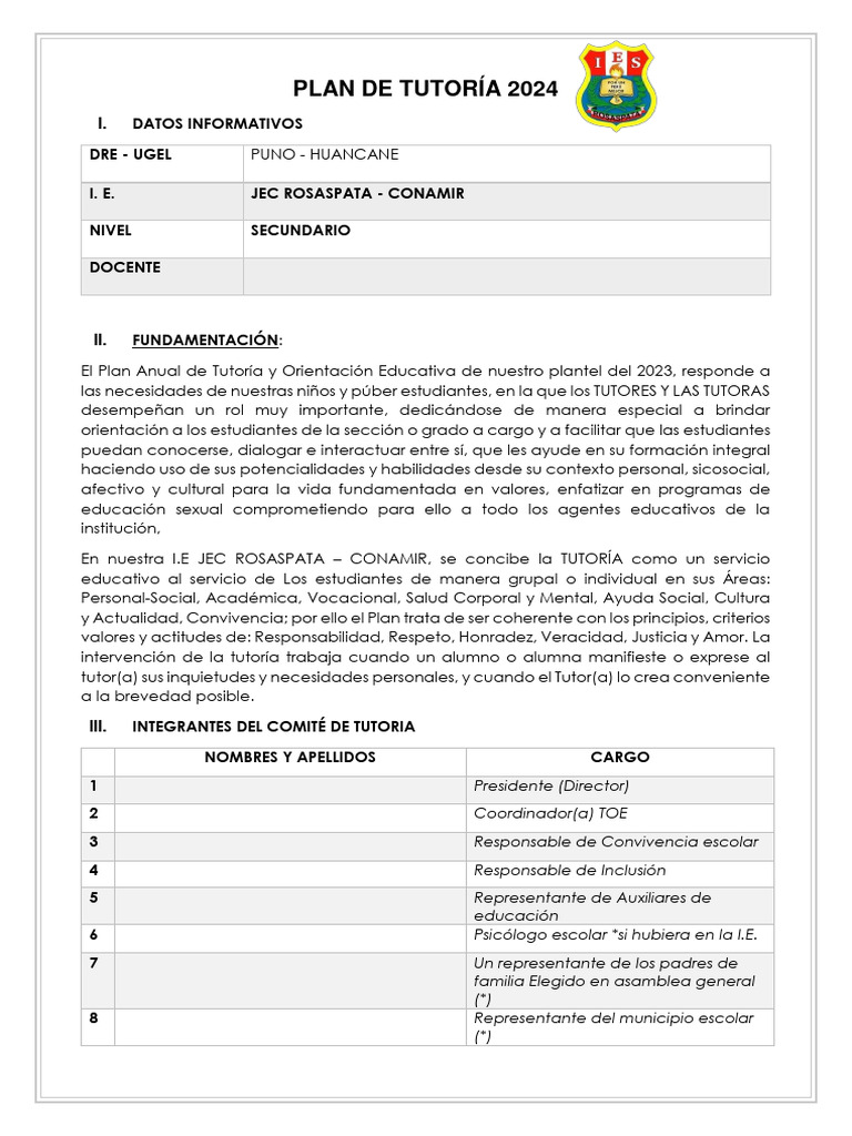 PLAN DE TUTORÍA 2024 | PDF | Maestros | Aprendizaje