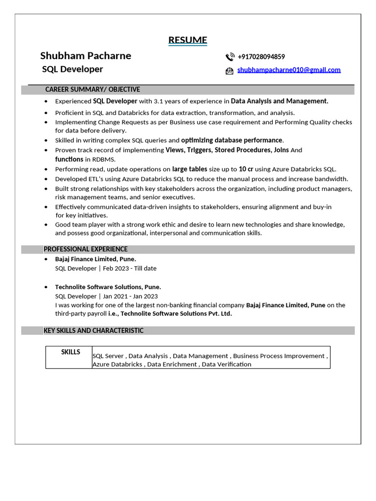 Shubham CV | PDF | Sql | Relational Database