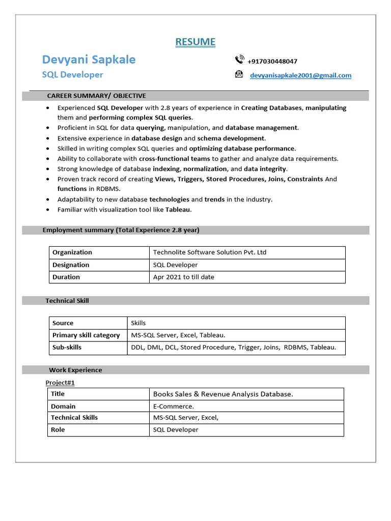 Devyani Sapkale CV PDF | PDF | Sql | Databases