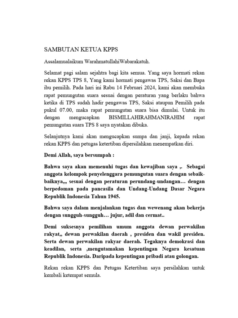 Sambutan Ketua KPPS | PDF