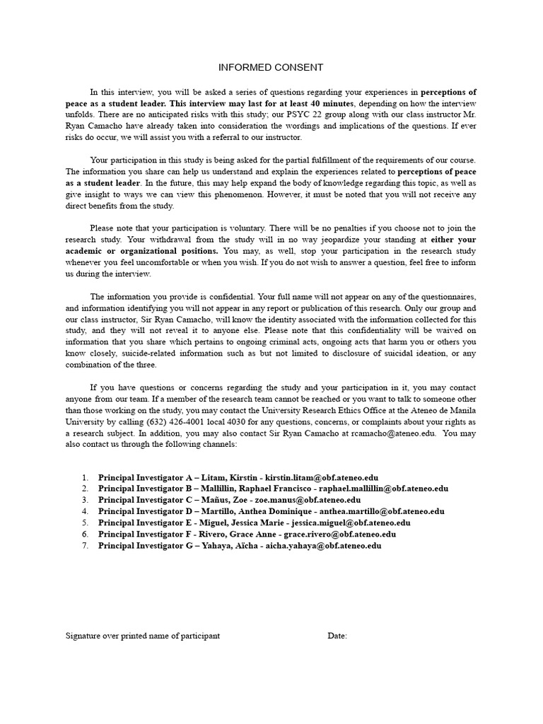 Planet of The Pass - PSYC 22 TGP Sample Informed Consent Form | PDF