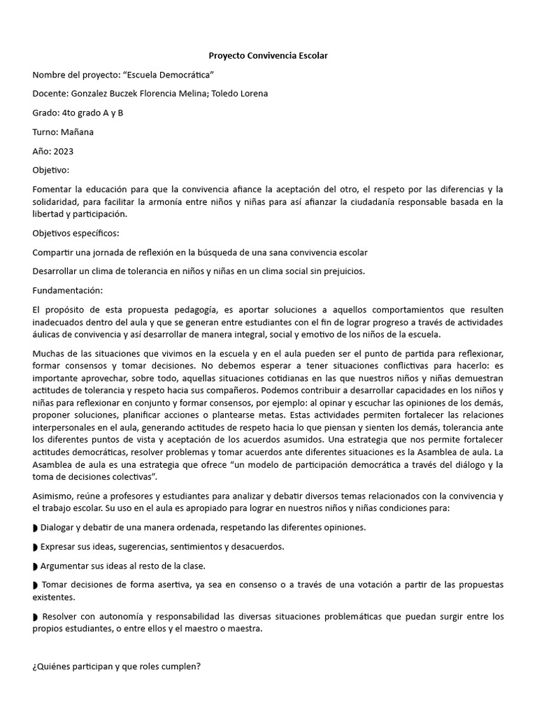 Proyecto Convivencia Escolar | PDF | Tolerancia | Salón de clases