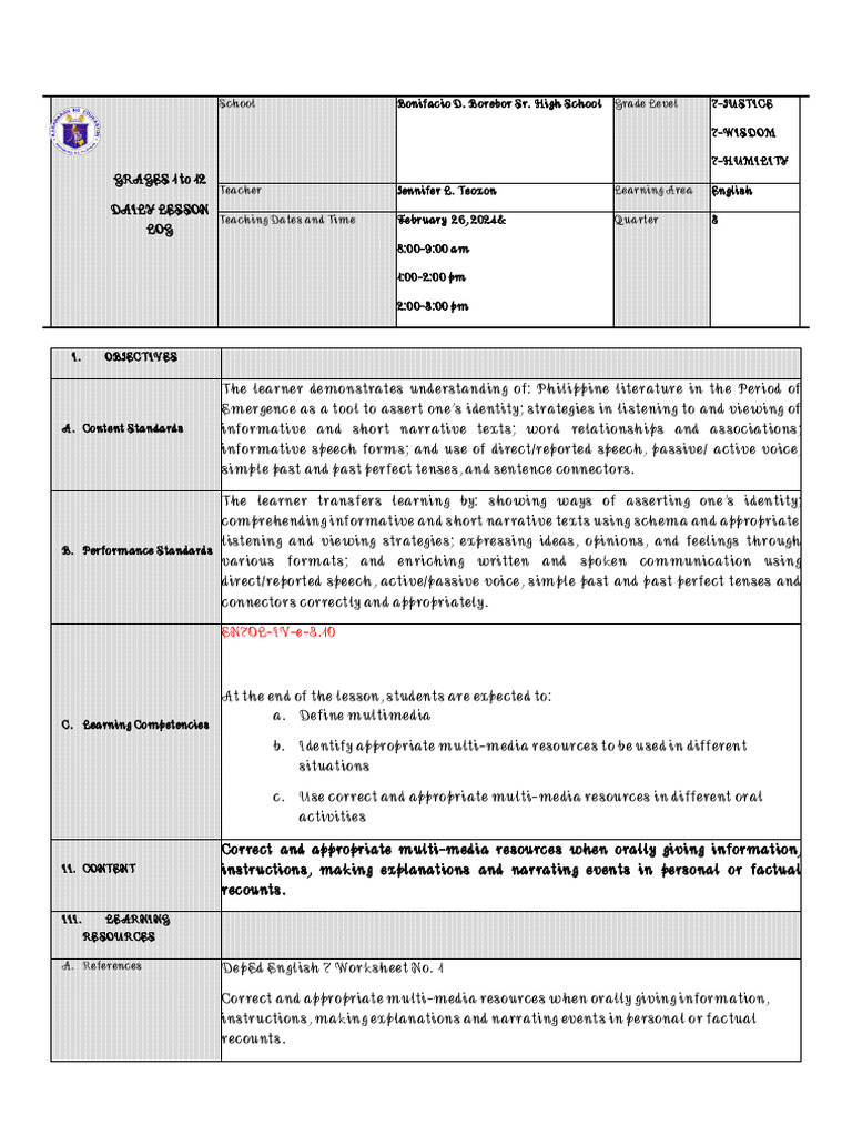 DEPED LP IN GRADE 7 Justice, Wisdom, Humility - Docs - 033552 | PDF ...