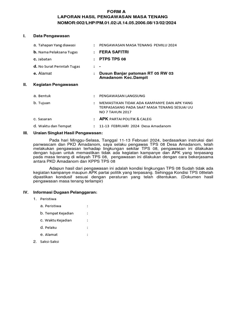 Form A Laporan Hasil Pengawasan Masa Tenang NOMOR:002/LHP/PM.01.02/JI.14.05.2006.08/13/02/2024 | PDF