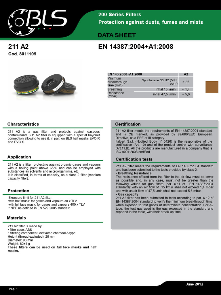 211 A2 Gas Filter Data Sheet | PDF | Equipment