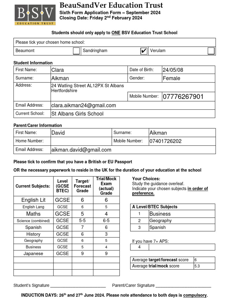 Sixth Form Application Form 1 | PDF | Educational Stages | Qualifications