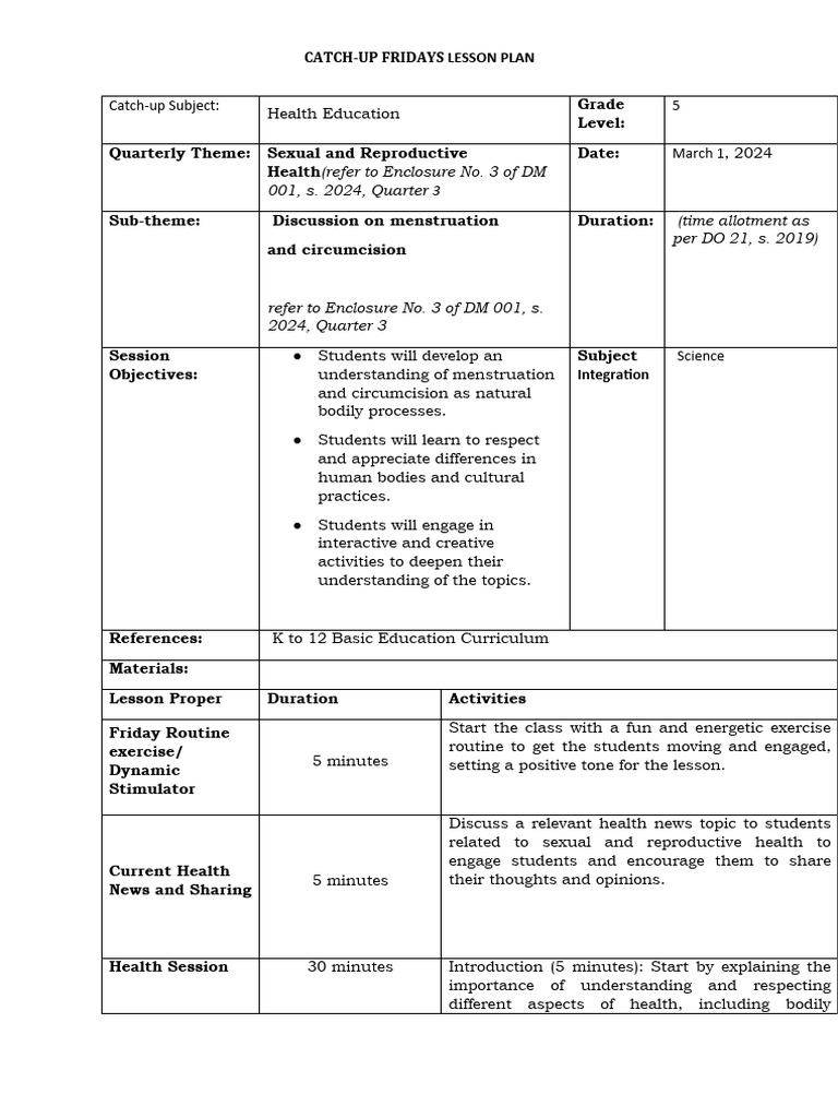 GRADE-5-Health-ed-catch-up-plan-March-1-2024 | PDF | Learning | Lesson Plan