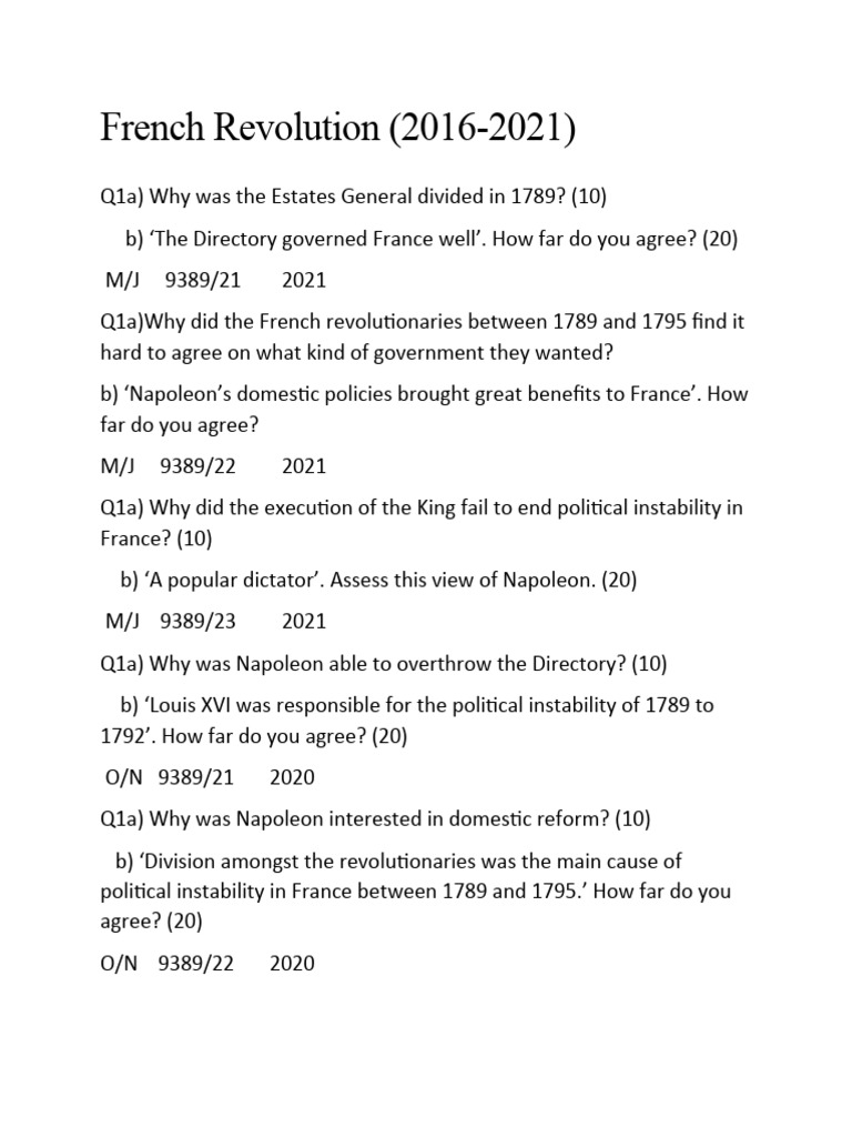 French Revolution Pastpaper Questions 2016 - 2022 | PDF | Napoleon ...