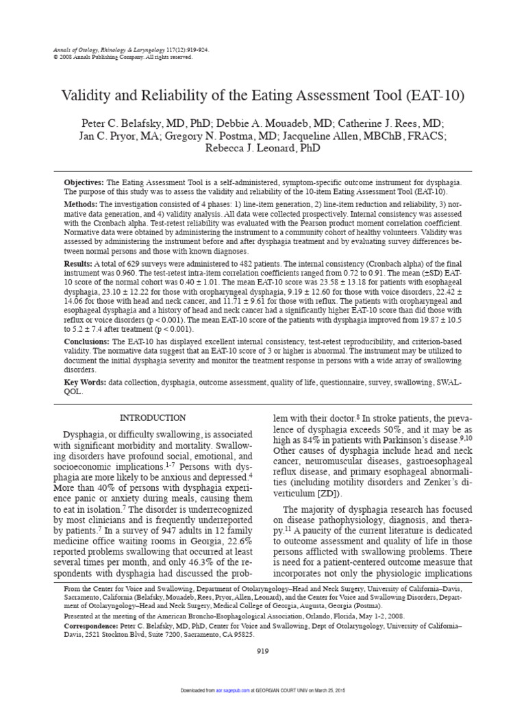 Validity and Reliability of The Eating Assessment Tool (EAT-10) 2003 | Download Free PDF ...