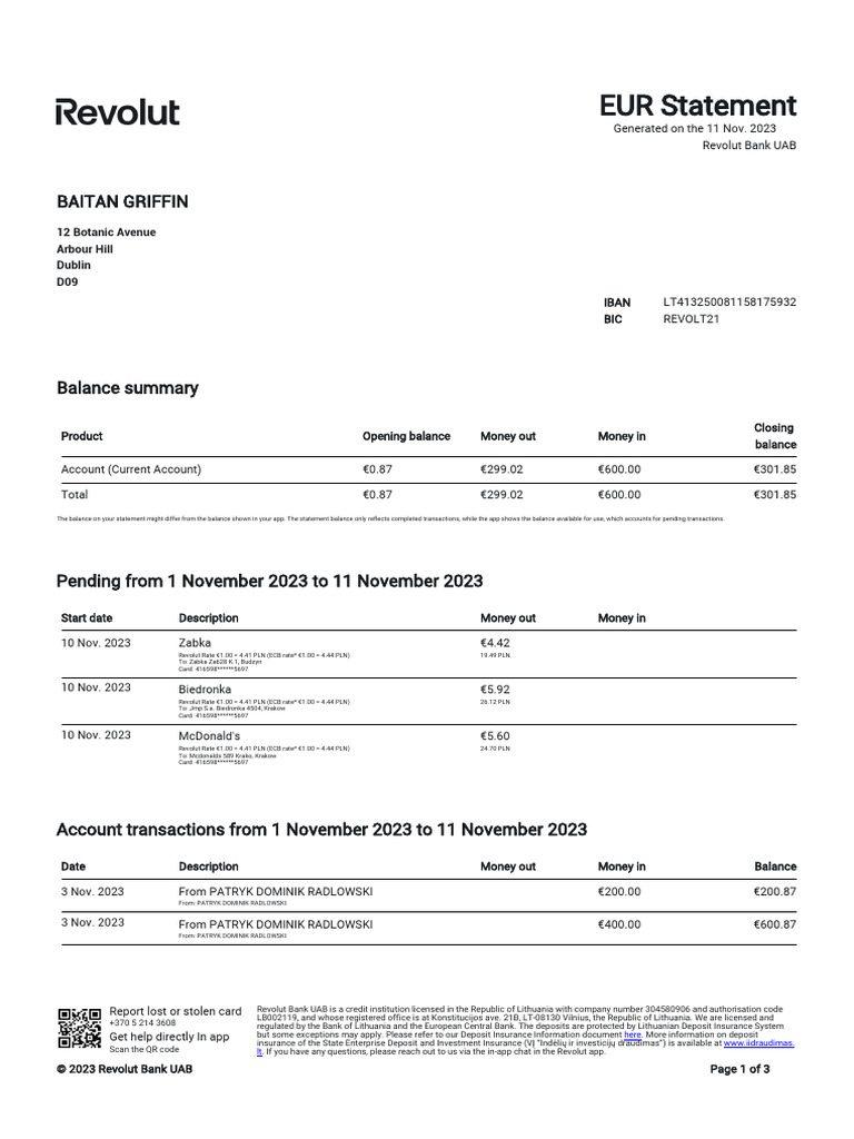 Revolut EUR Statement Nov 2023 | PDF