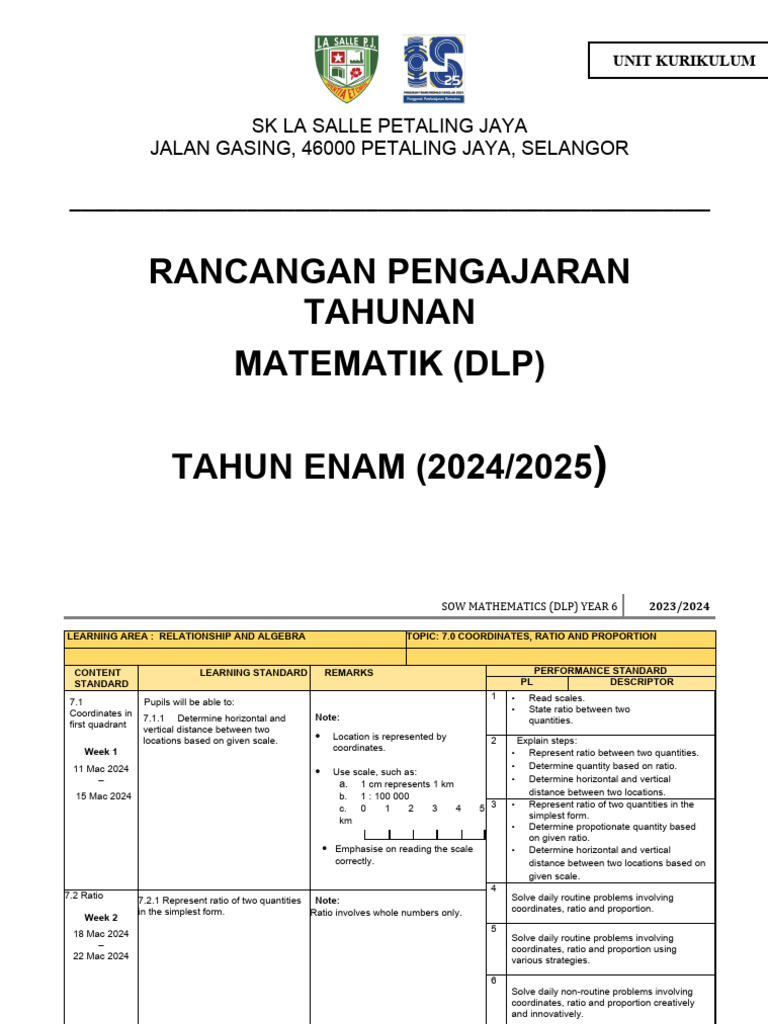 RPT Math DLP Year 6 2024-2025 | PDF | Dividend | Numbers