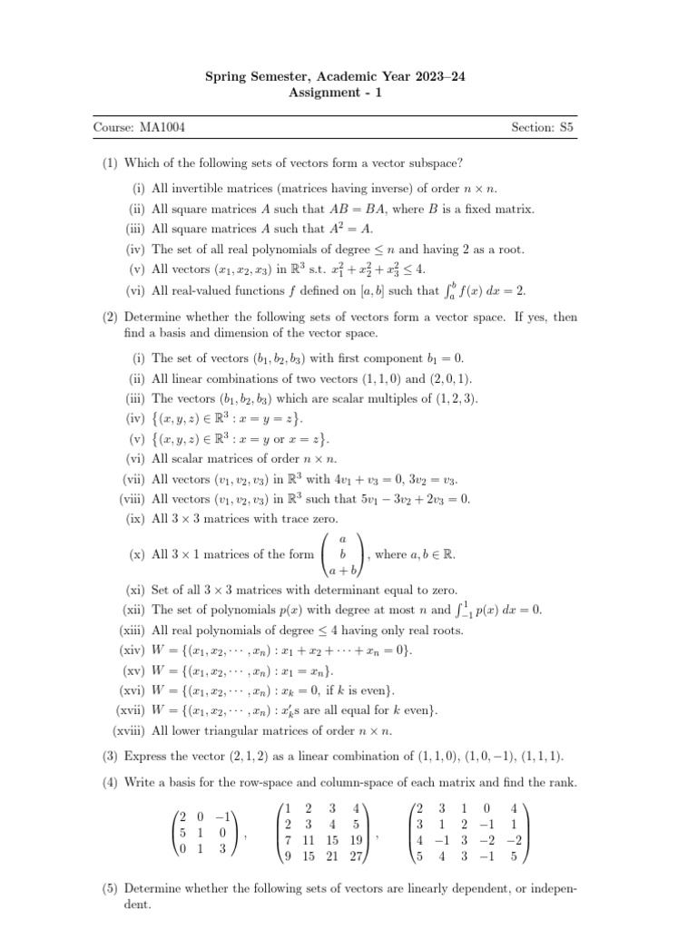 Math Assignment 1 | PDF | Vector Space | Matrix (Mathematics)