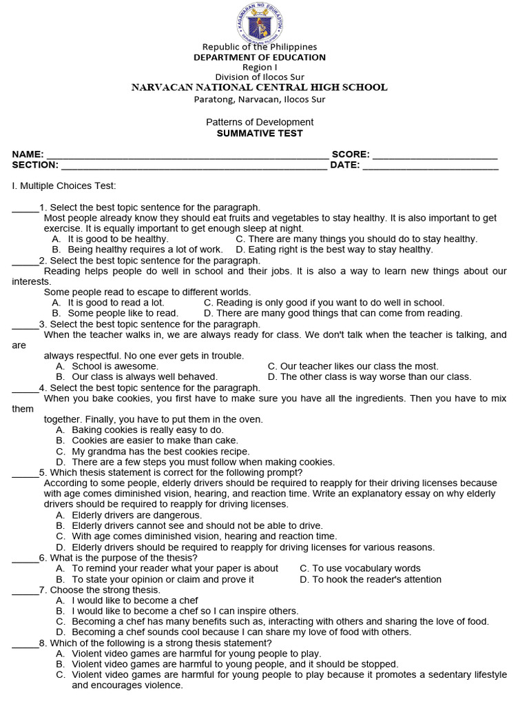 Patterns of Development Summative Test | PDF | Persuasion | Traffic