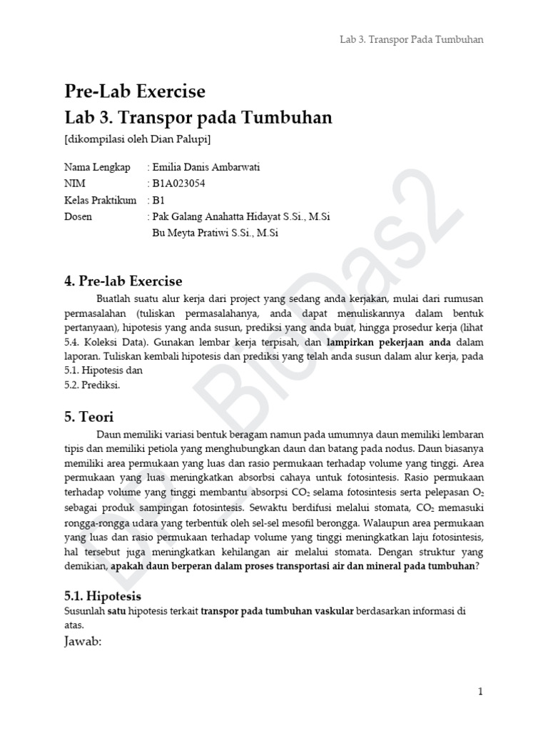 Lab3 - Transpor Tumbuhan - PreLab | PDF