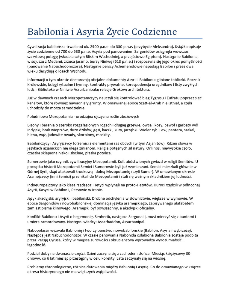 BABILONIA I Asyria Życie Codzienne | PDF