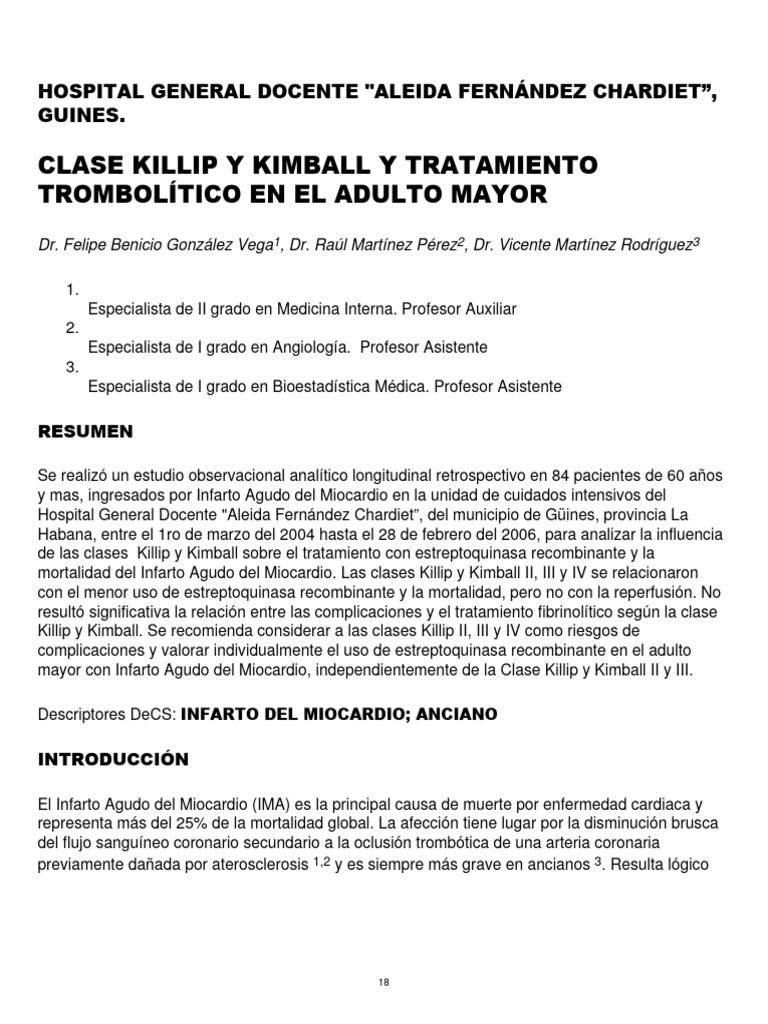 Clase Killip y Kimball y Tratamiento Trombolítico en El Adulto Mayor ...