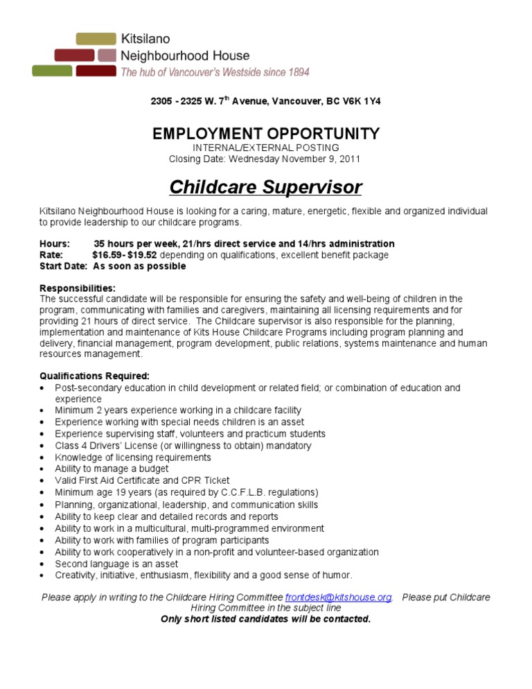 Childcare Supervisor Job in Vancouver | PDF