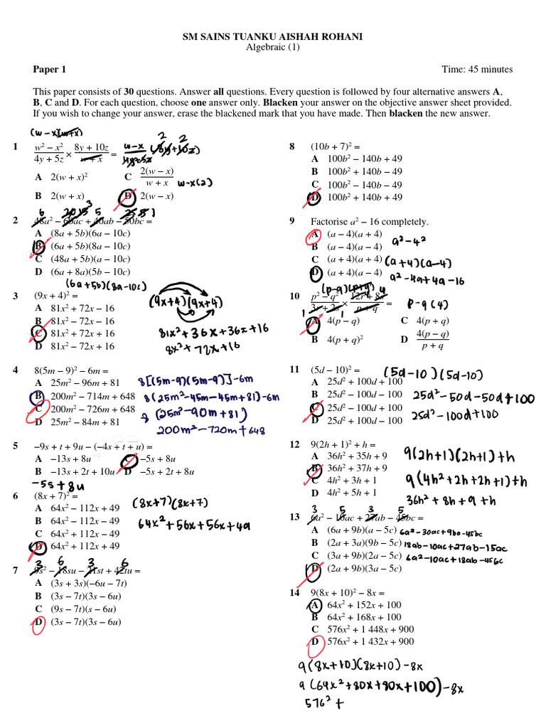 Latihan Algebra 1 SM Sains Tuanku Aishah Rohani | PDF | Algebra ...