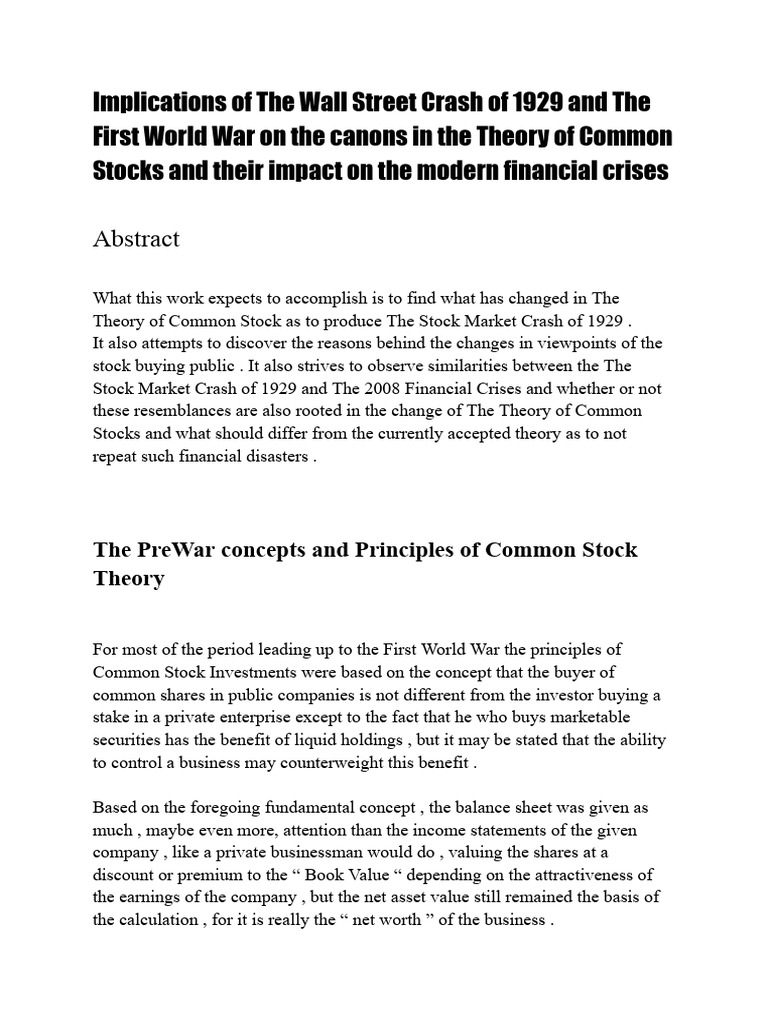 Implications of The Great Depression and The First World War On The ...