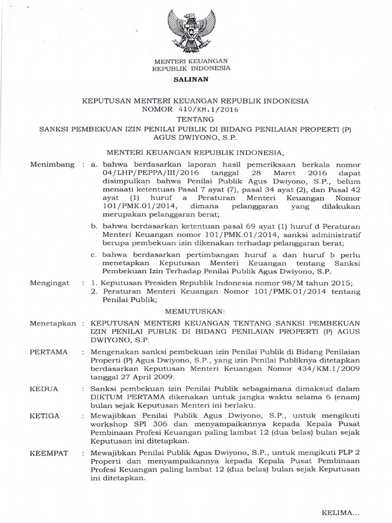 Sanksi Penilai Publik Agus Dwiyono SP Tahun 2016 KJPP Agus, Ali ...