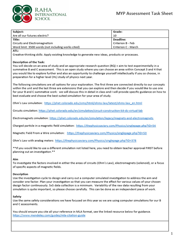 Physics Criterion B and C Task Sheet Unit 2 Electrcity and Intro To ...