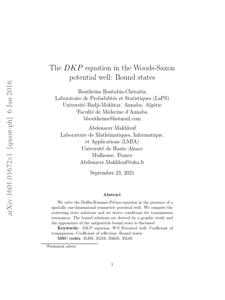 The DKP Equation in The Woods-Saxon Potential Well: Bound States | PDF ...