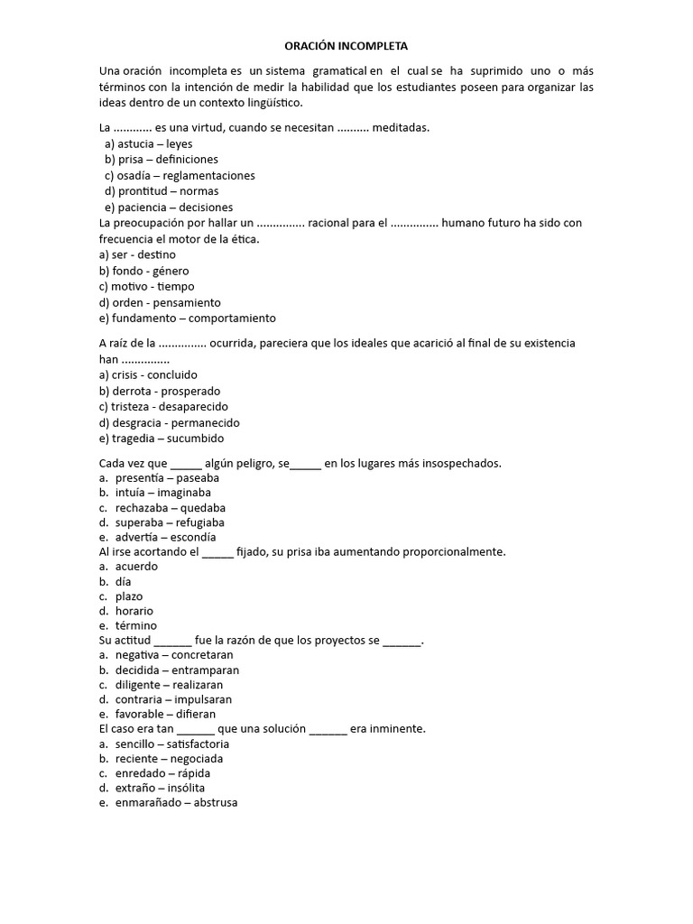 Oración Incompleta | PDF