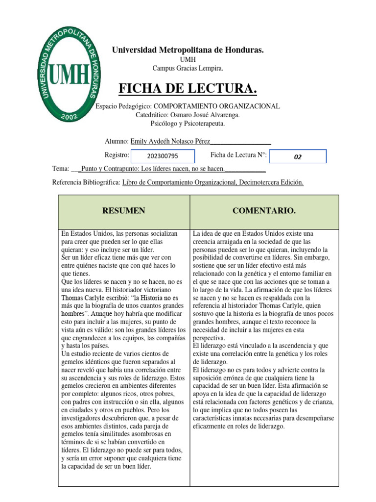 UMH-Ficha de Lectura-Emily Nolasco | PDF