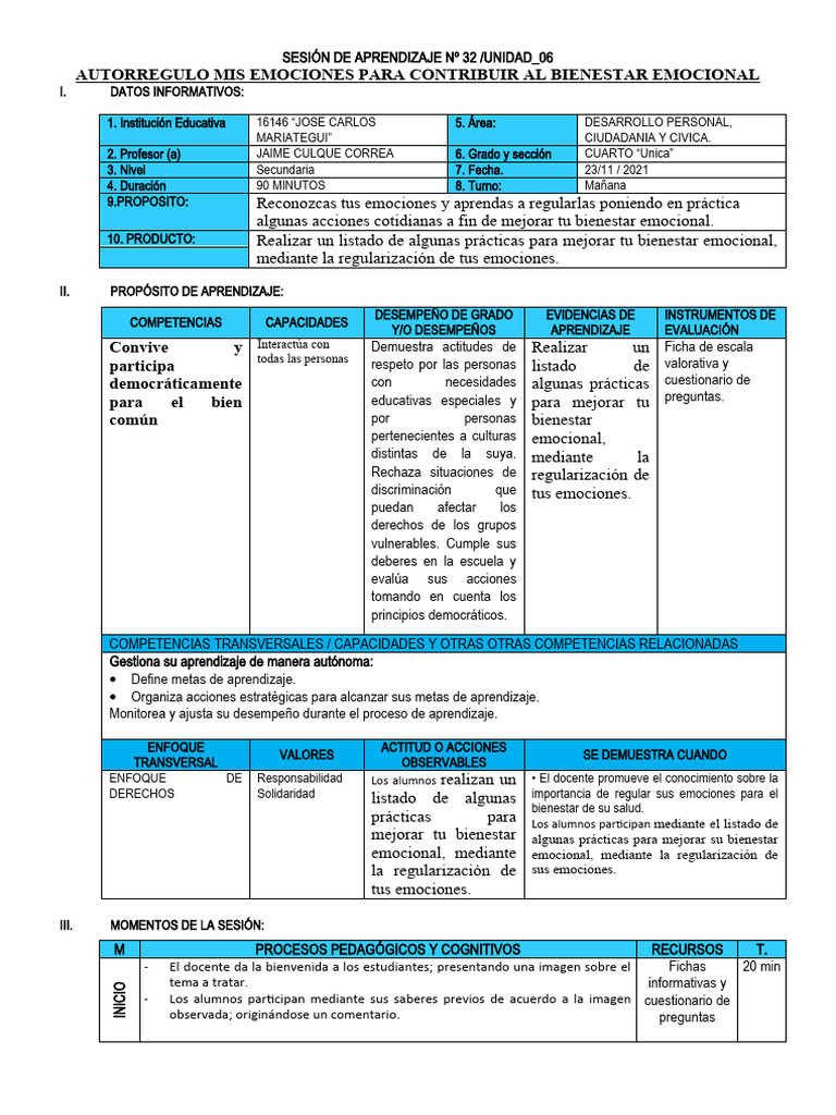 Sesion 32 Dpcc 4º Pdf Las Emociones Evaluación 7023