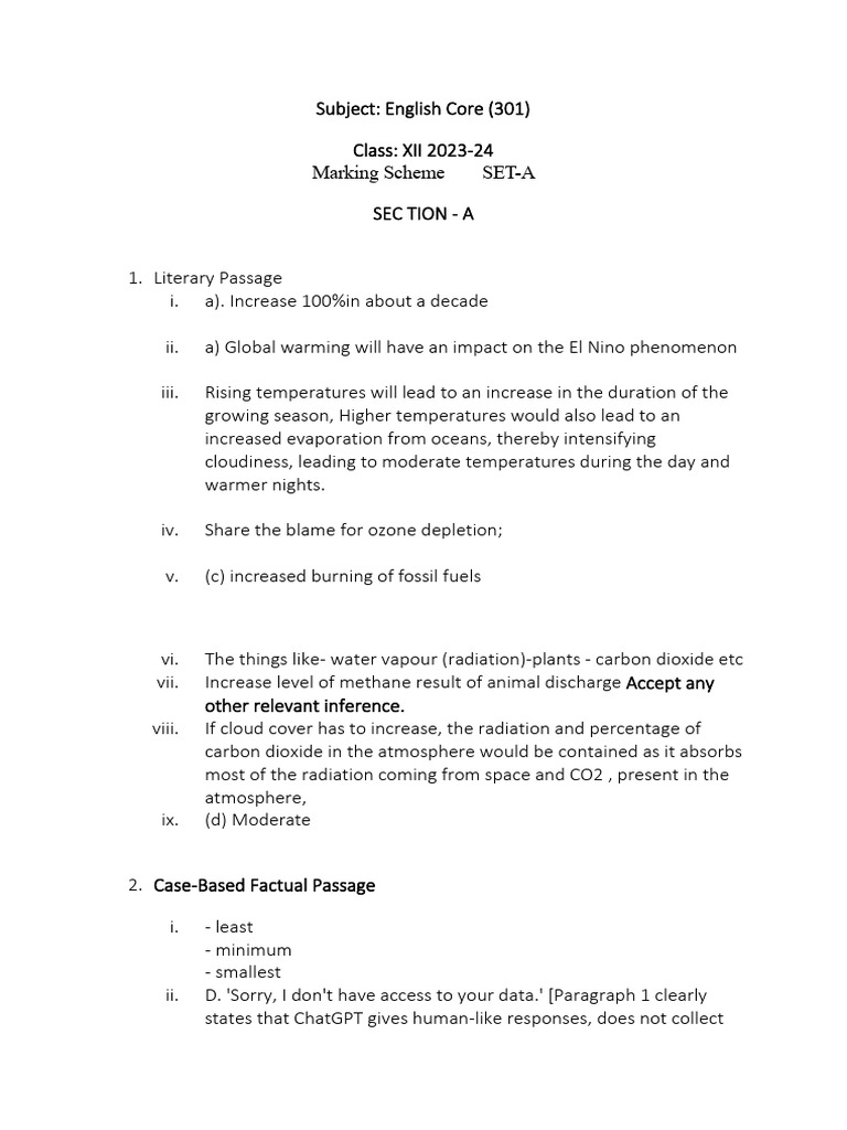 XII English Core (301) Marking Scheme Set-A | PDF | Beauty | Climate Change