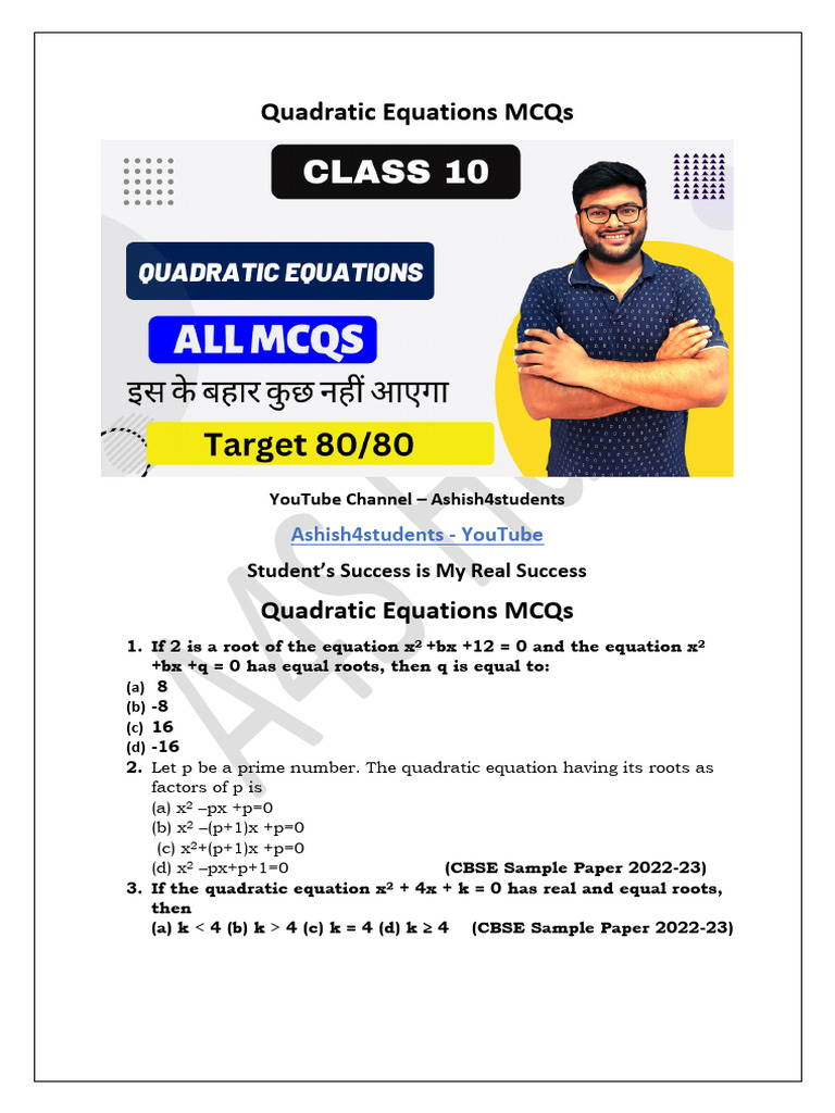 4.quadratic Equations MCQs | PDF | Quadratic Equation | Mathematical Analysis