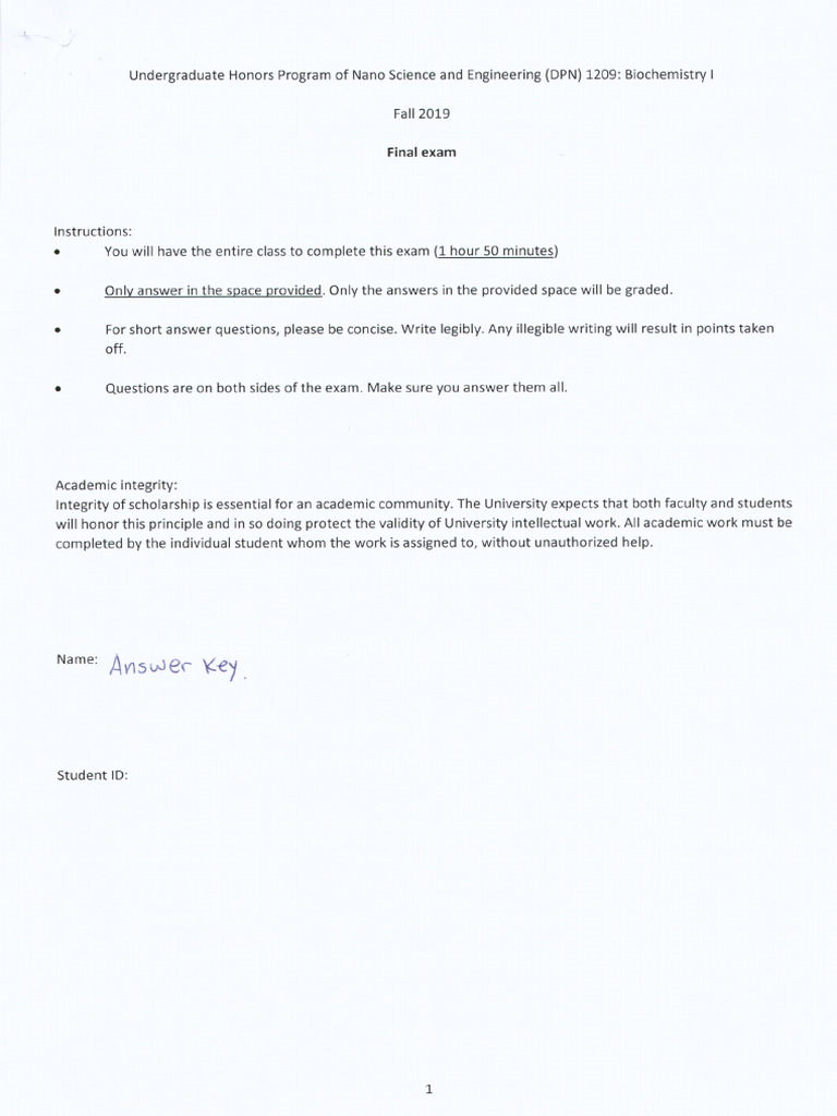 DPN - Biochem 1-Exam 2 - 2019 Key | PDF