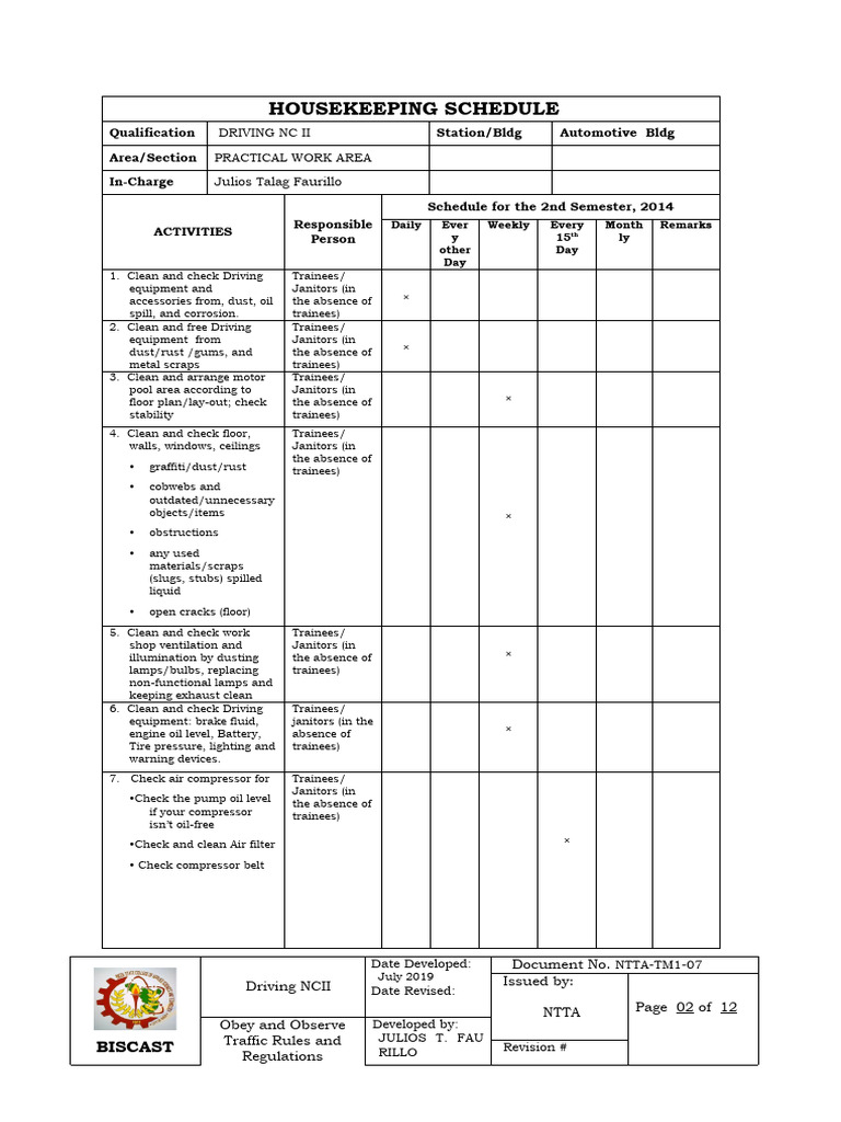 Driving NC II Housekeeping Schedule | PDF | Lighting | Civil Engineering