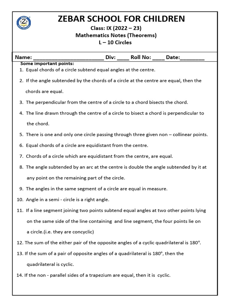 Mathematics - Chapter 10 - 21-JAN-2023 - dFzWK2P6cF | PDF | Circle | Perpendicular