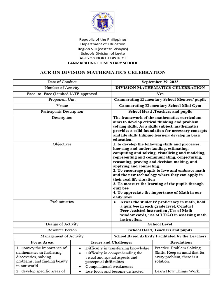 Acr Math Month Culmination | PDF | Mathematics | Teachers