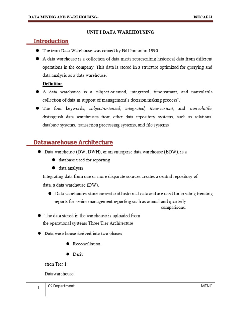 DMDW-Unit I | PDF | Data Warehouse | Computer Data