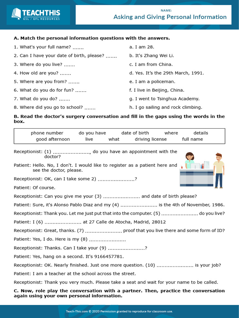Personal Information Worksheet for ESL | PDF