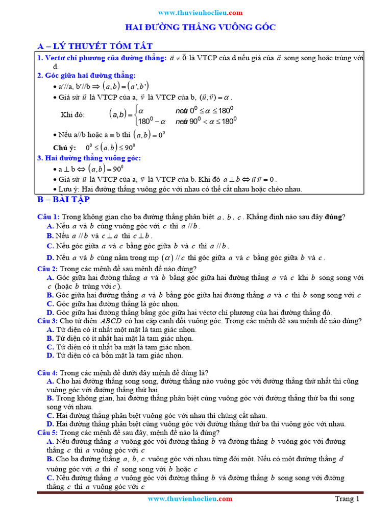 80 Cau Trac Nghiem Hai Duong Thang Vuong Goc | PDF