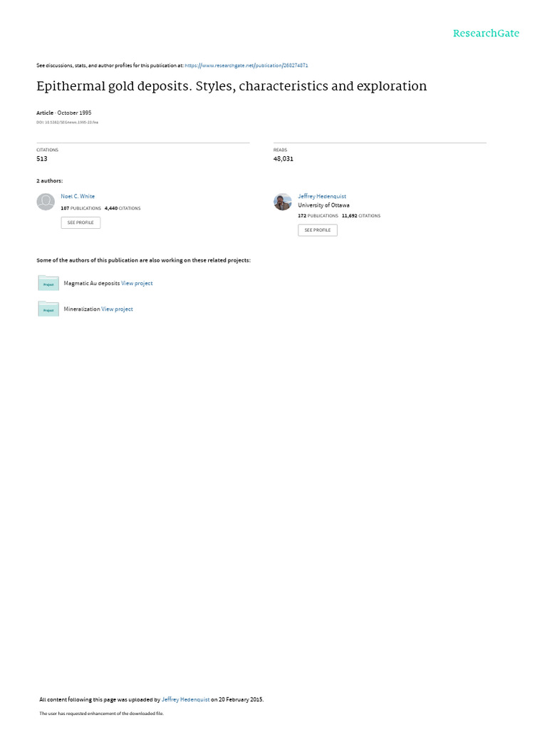 Epithermal Gold Deposits Styles Characteristics and Exploration | PDF