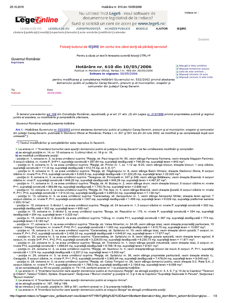 Hotărâre NR 610 Din 2006 | PDF