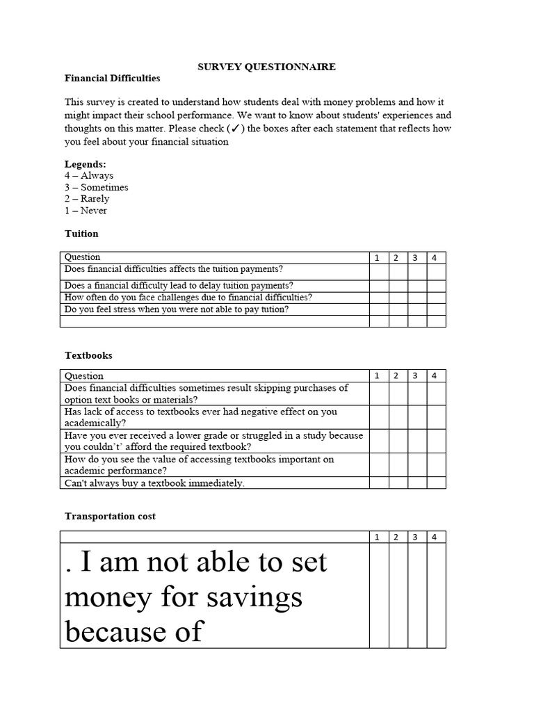 Survey Questionnaire | PDF | Textbook | Tuition Payments