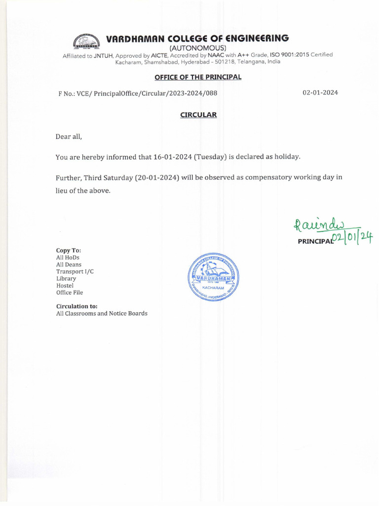 Compensatory Holiday On 16-01-2024 | PDF