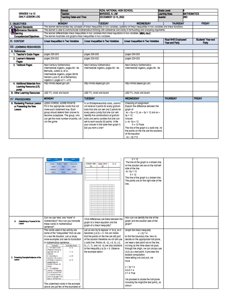 DLL Math 8 Q2 W7 | PDF | Variable (Mathematics) | Mathematics