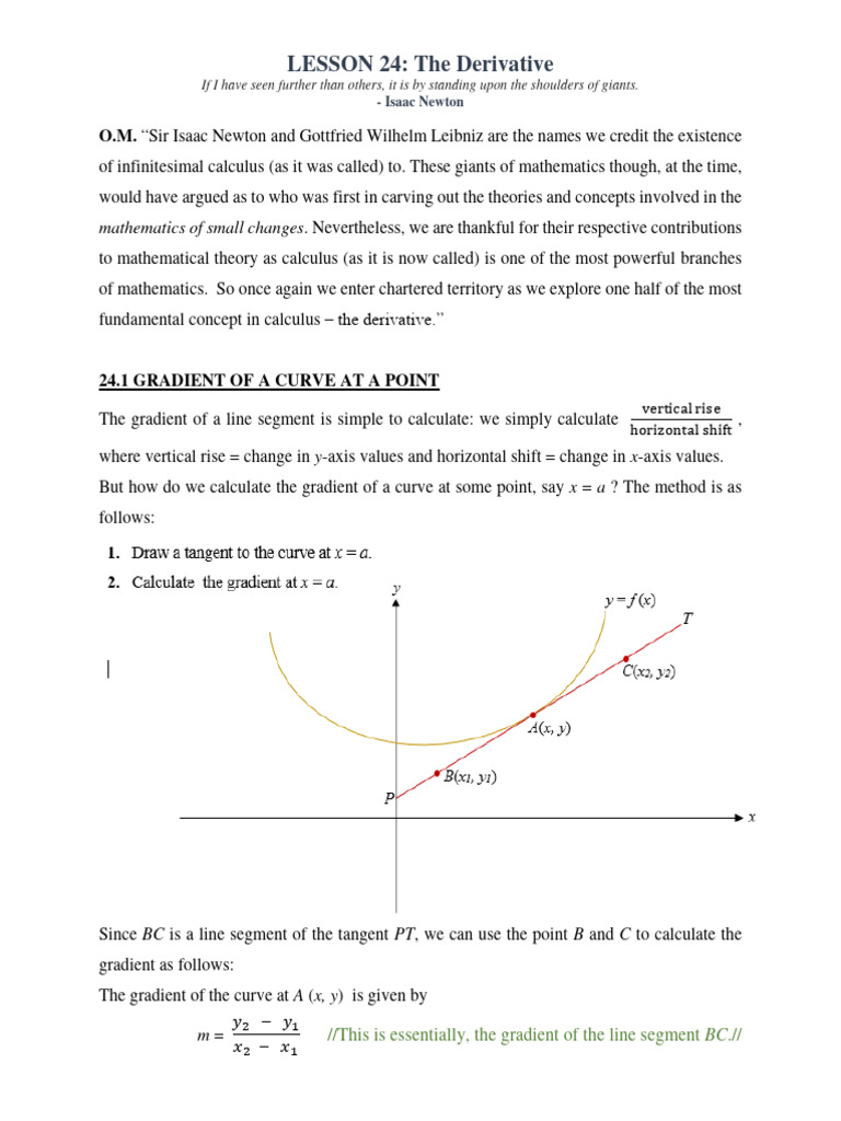 AddMathLesson (5th Form Term 1, Lesson 24 - The Derivative) | PDF | Slope | Tangent
