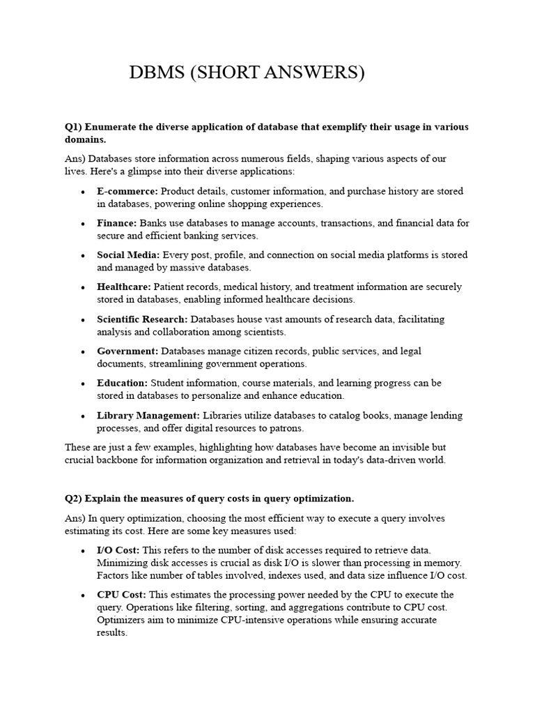 DBMS (Short Answers) | PDF