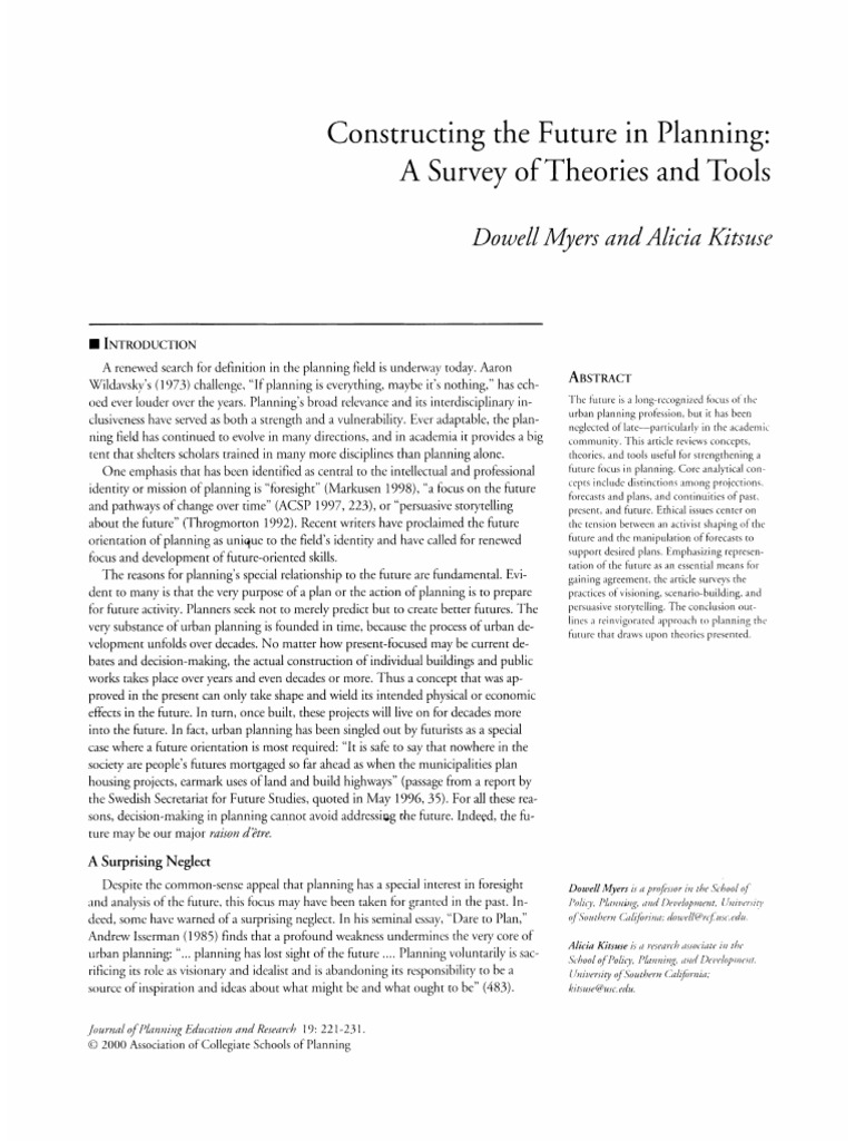 Myers Kitsuse 2000 Constructing The Future in Planning A Survey of Theories and Tools | PDF ...