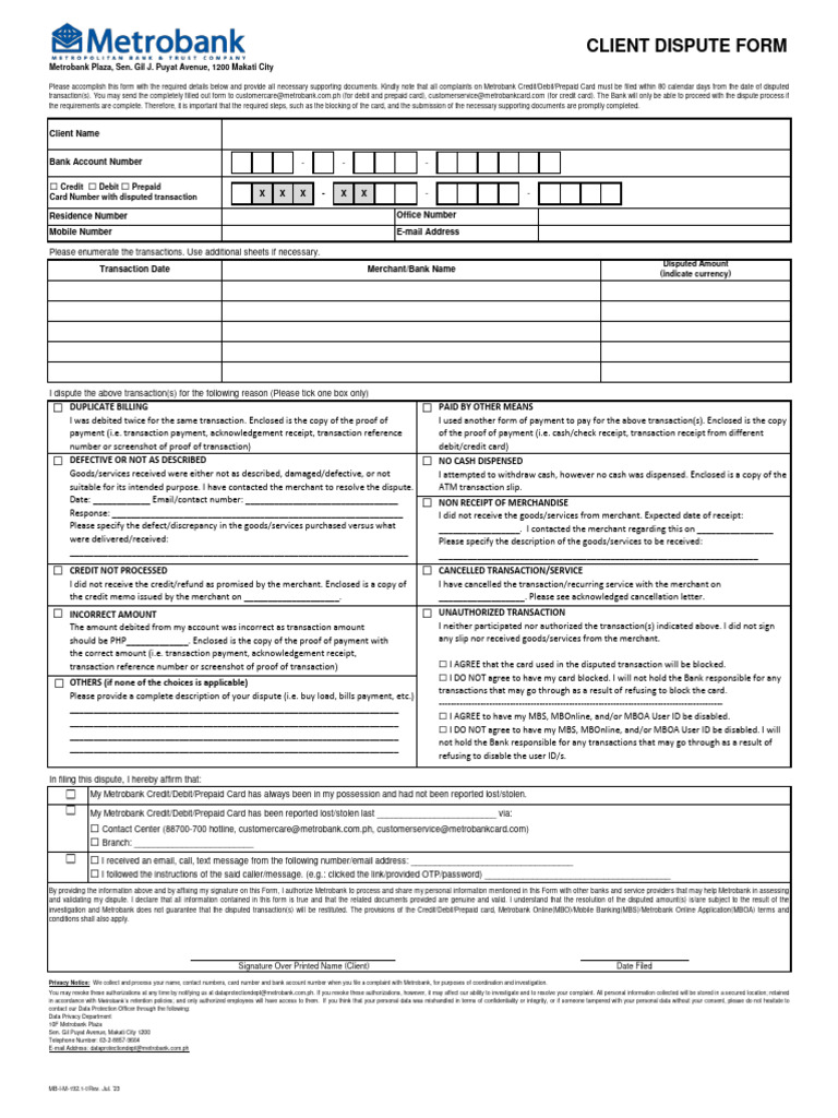 Client Dispute Form 2023 | PDF | Debit Card | Credit Card