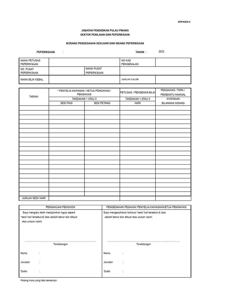 Borang Sesi Hari Dan Sidang SPM 2023 JPNPP | PDF
