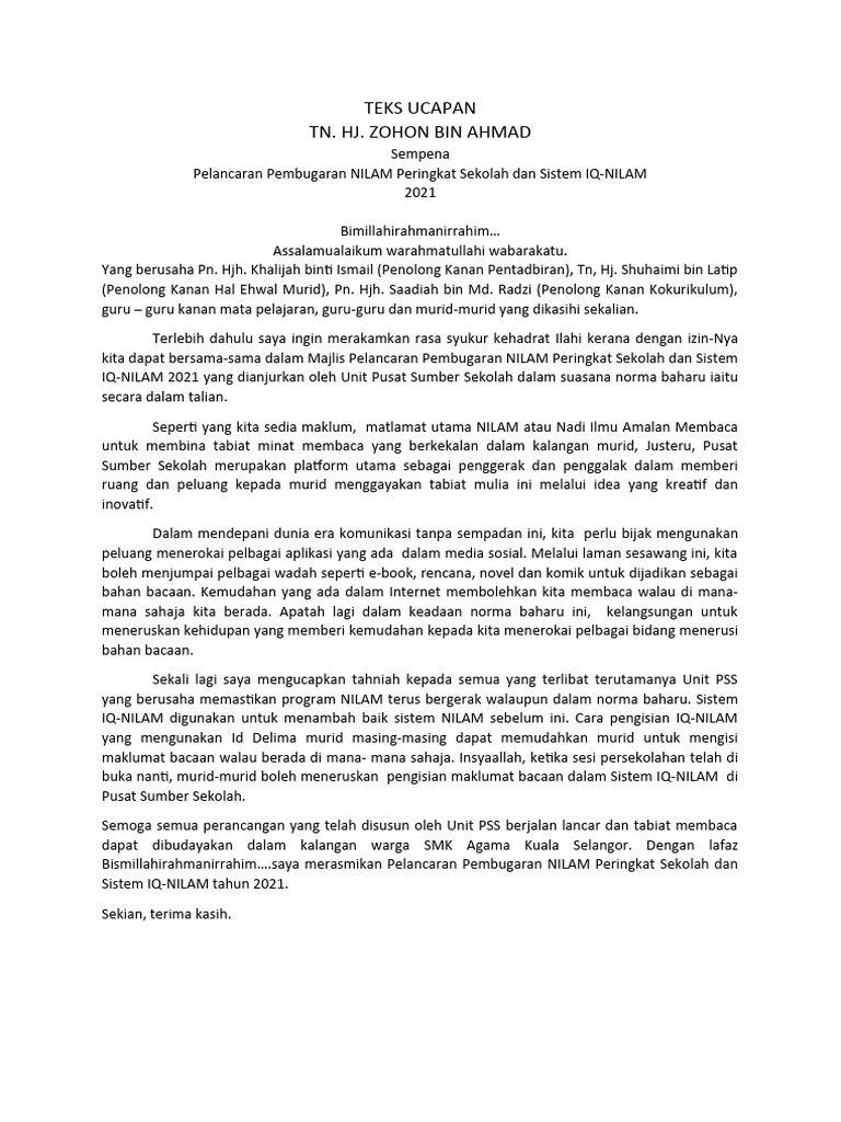Teks Ucapan Perasmian Pelancaran NILAM SMKAKS 2021 | PDF