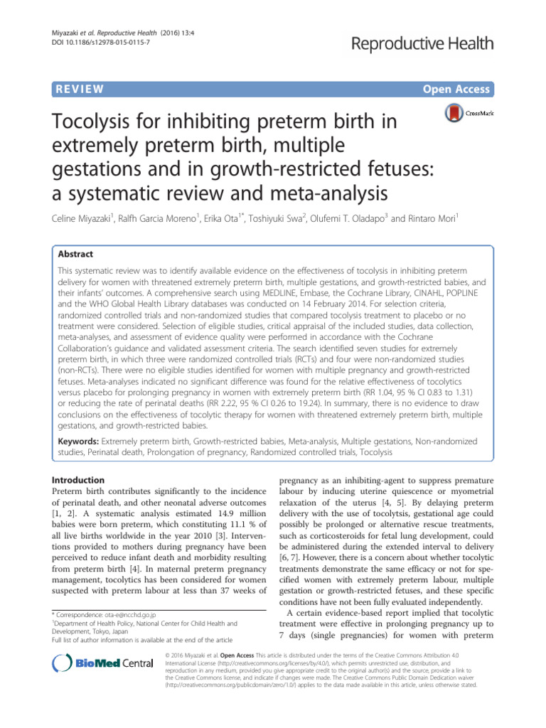 Tocolysis For Inhibiting Preterm Birth in Extremely Preterm Birth ...